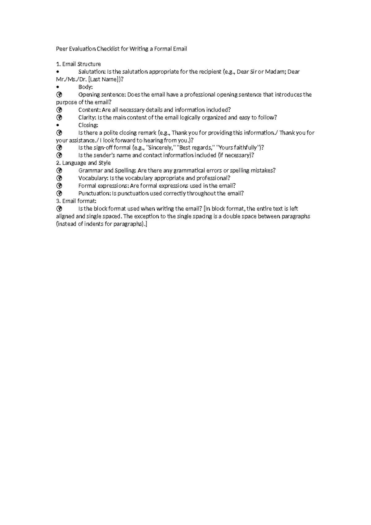 Peer Evaluation Checklist for Formal Email Writing Guide - Studocu