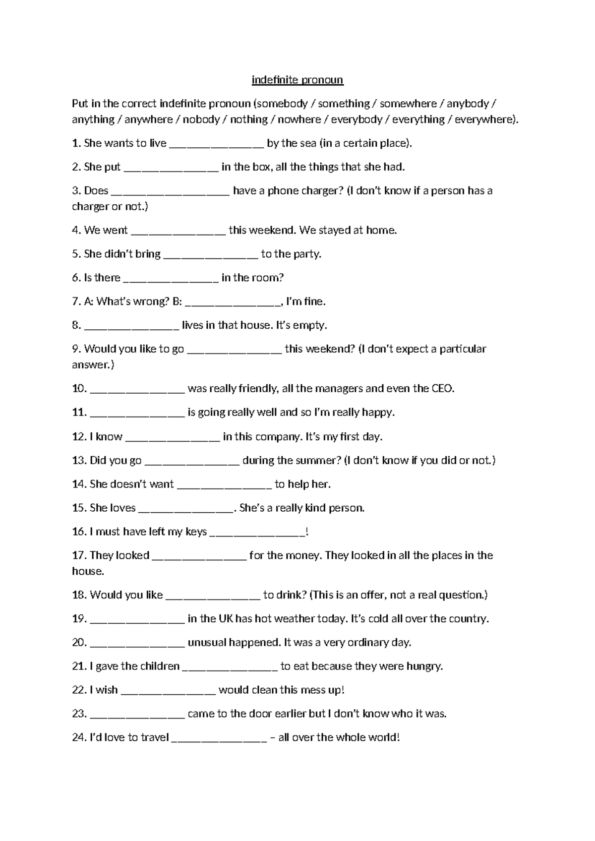 Indefinite Pronoun Exercises: Fill in the Blanks (Indefinite Pronoun 1 ...