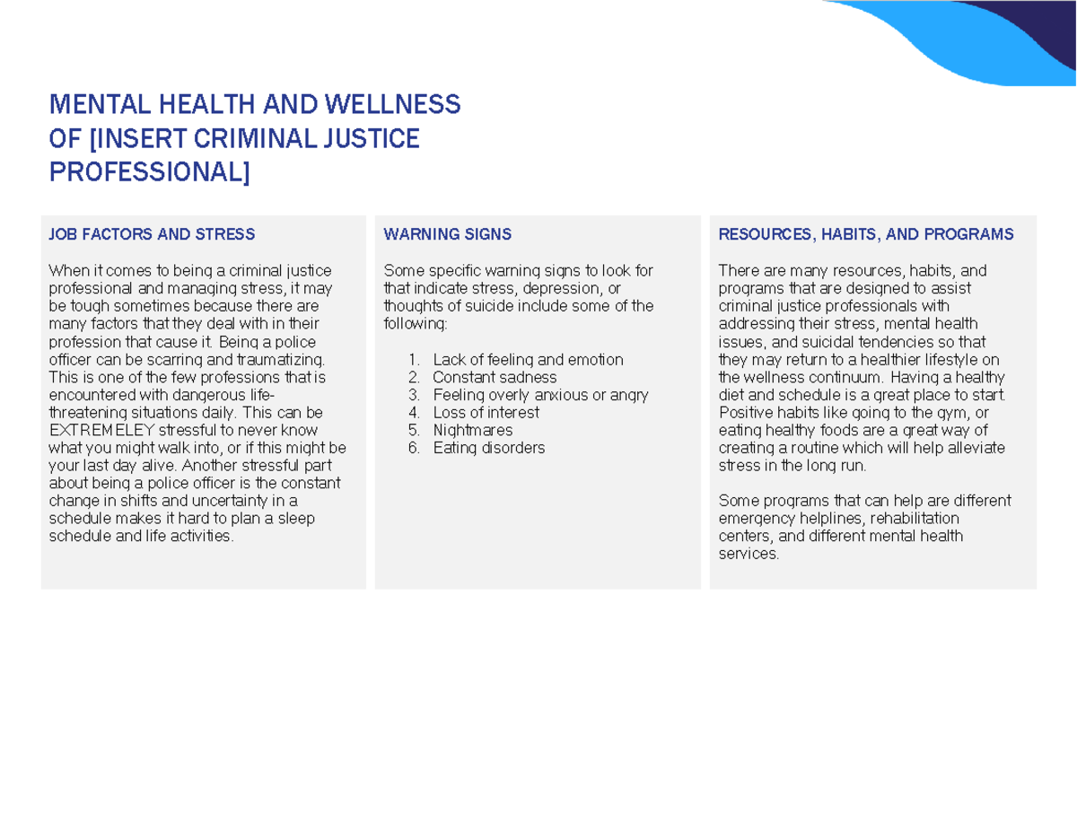 CJ 406 Project Two: Managing Stress and Wellness in Criminal Justice ...