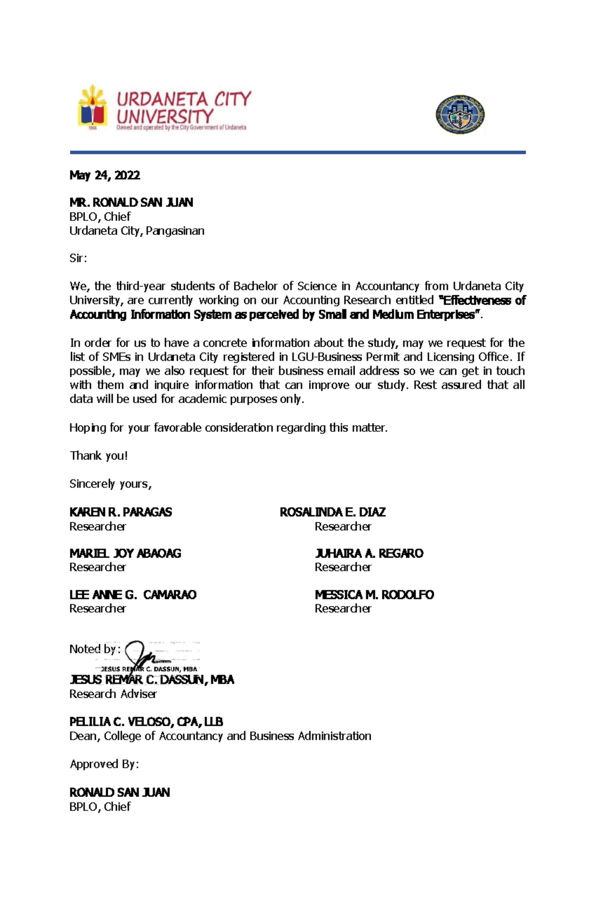 Letter-TO-BPLO - Letters for research - M ay 24 , 2022 MR. RONALD SAN JUAN BPLO, ChiefUrdaneta ...