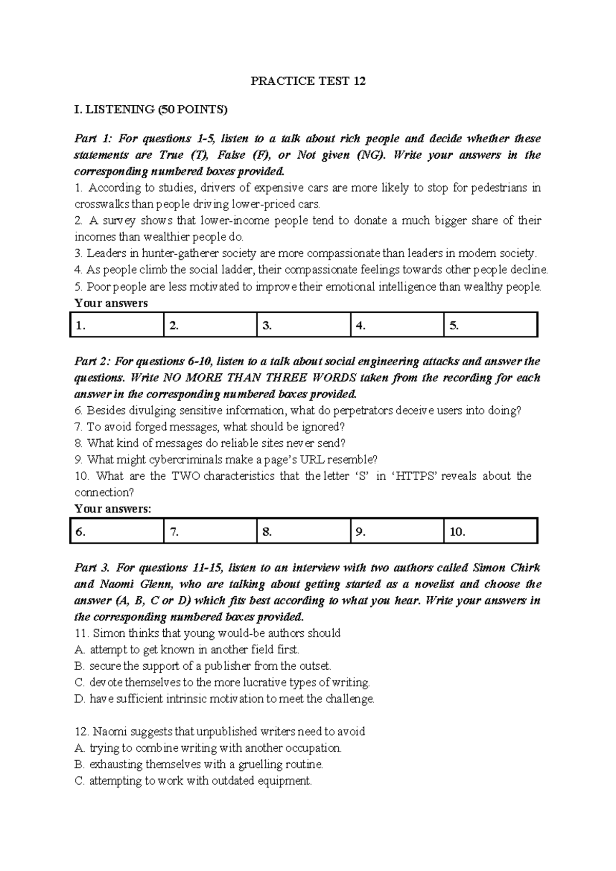 Practice Test 12: Listening & Comprehension Exercises - Studocu