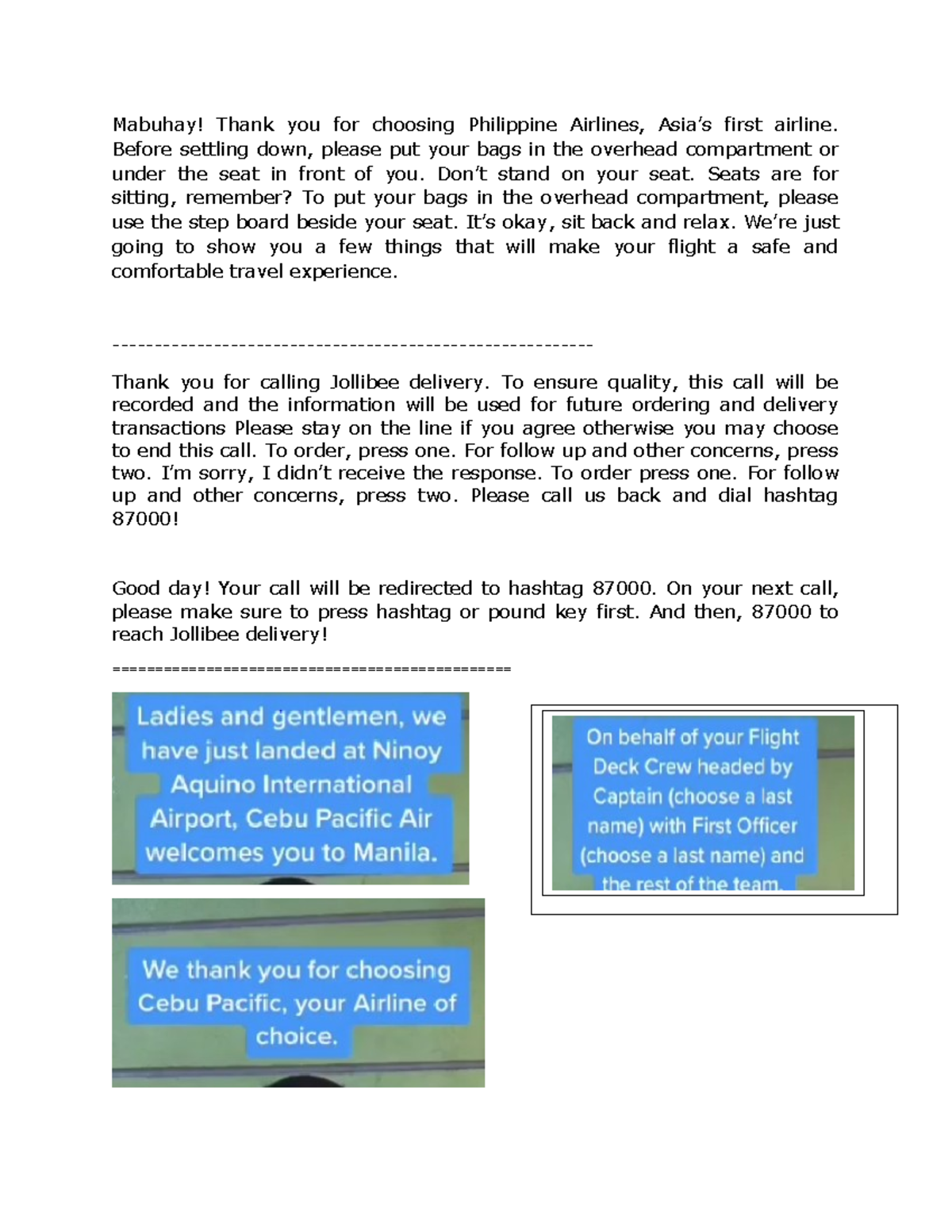 PAL Voice Over Sample Script for In-Flight & Jollibee Delivery - Studocu