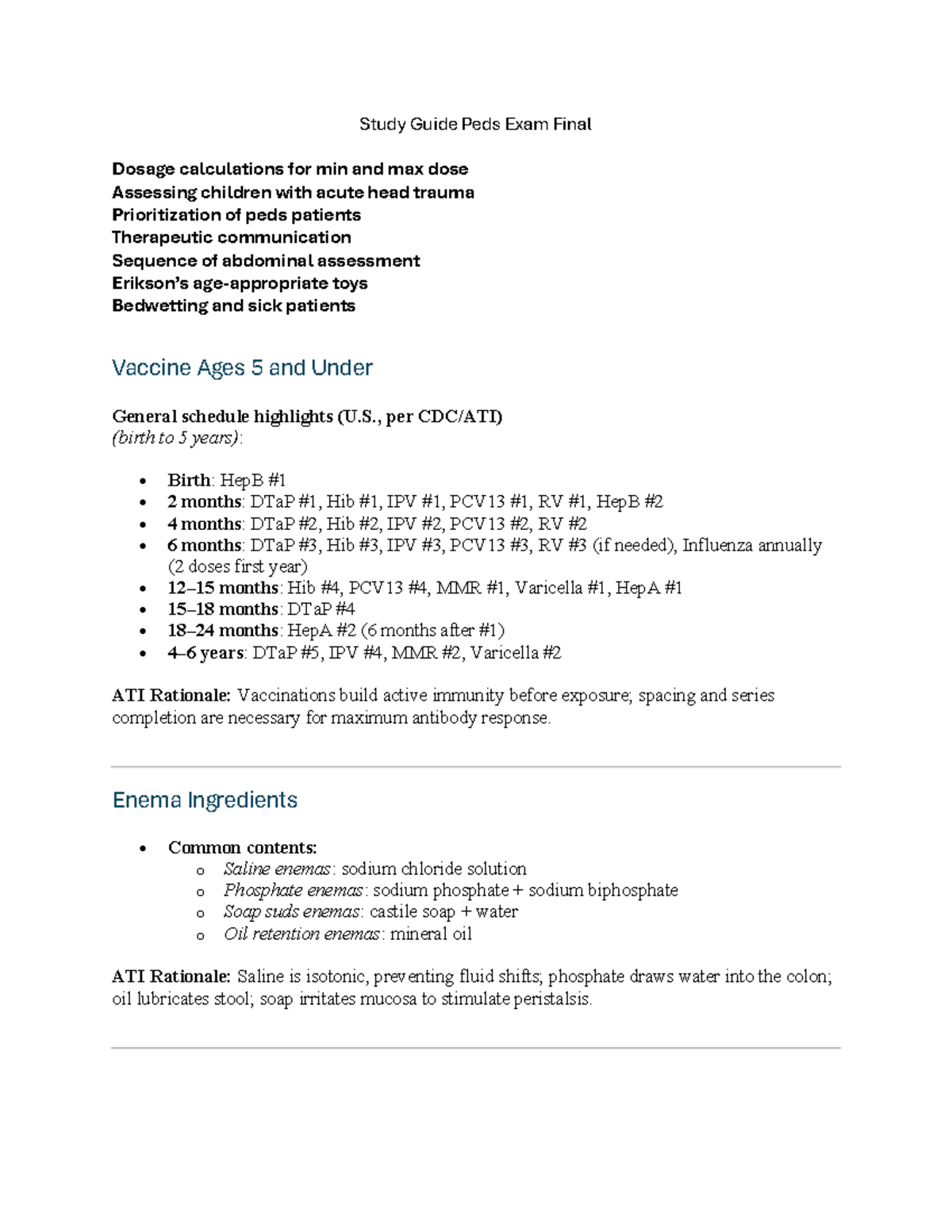 Study Guide PEDS 101 Final Exam: Pediatric Conditions & Treatments ...
