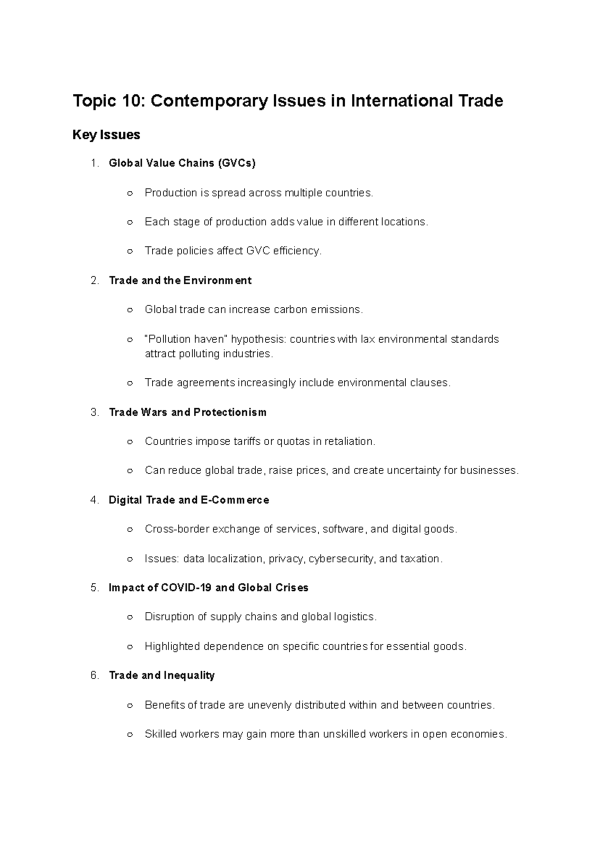 Topic 10: Key Issues in International Trade and Global Value Chains ...
