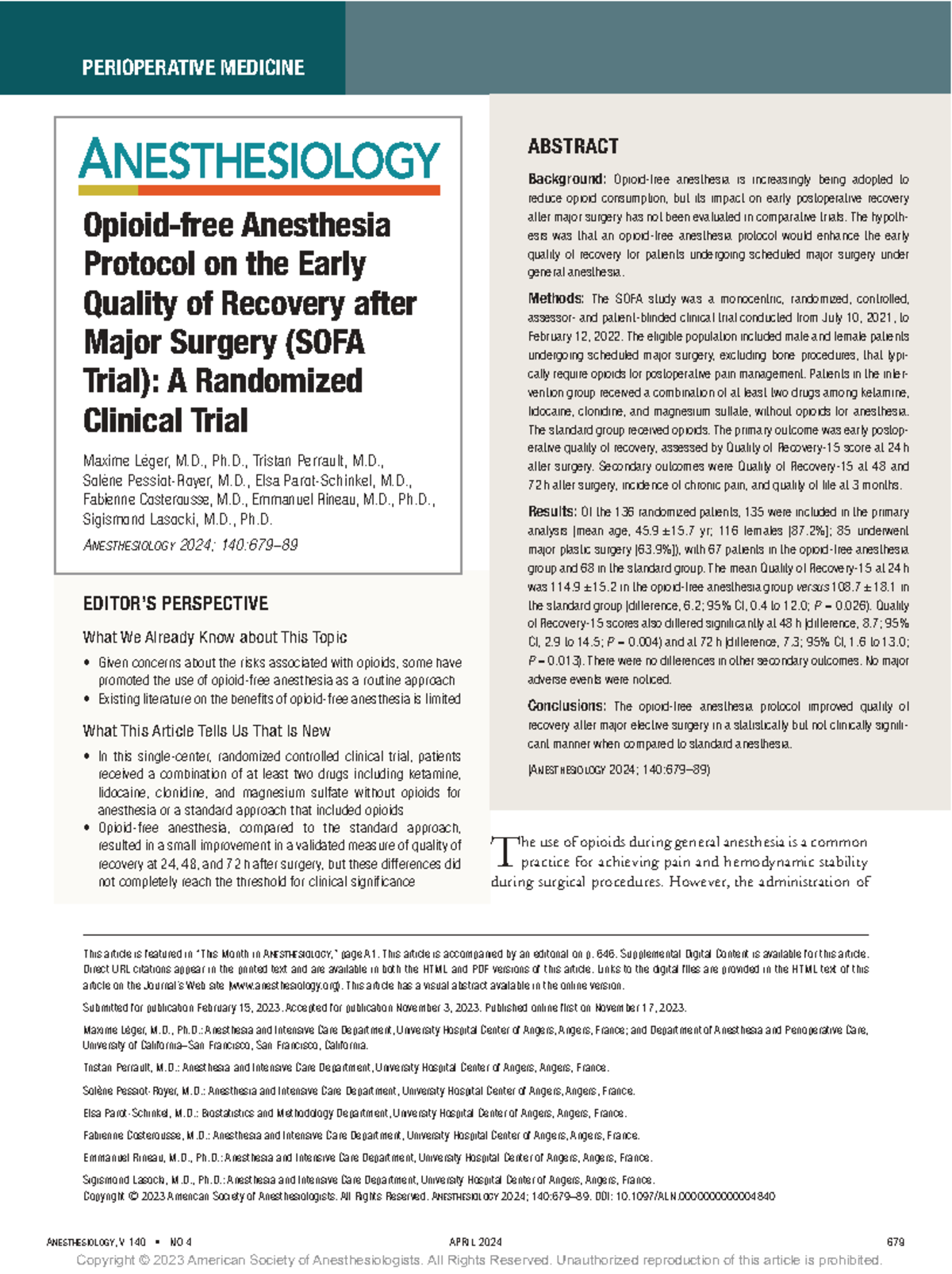 SOFA Trial: Impact of Opioid-Free Anesthesia on Early Recovery Quality ...