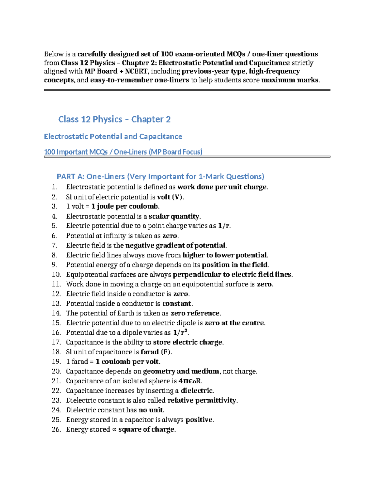 Class 12 Physics Chapter 2: 100 MCQs on Electrostatic Potential ...