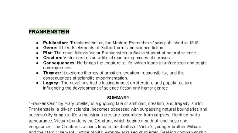 FRANKENSTEIN (1818) - A Study of Ambition and Consequences - Studocu