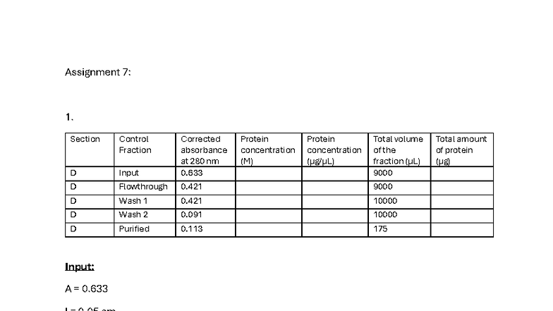 Assignment 7: Protein Concentration Calculations and Analysis - Studocu