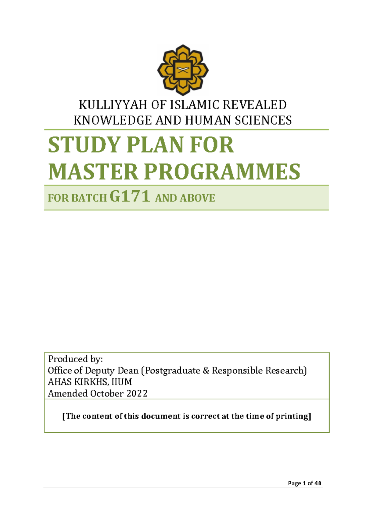 Study Plan for Master's Programmes G171 in Human Sciences - Studocu