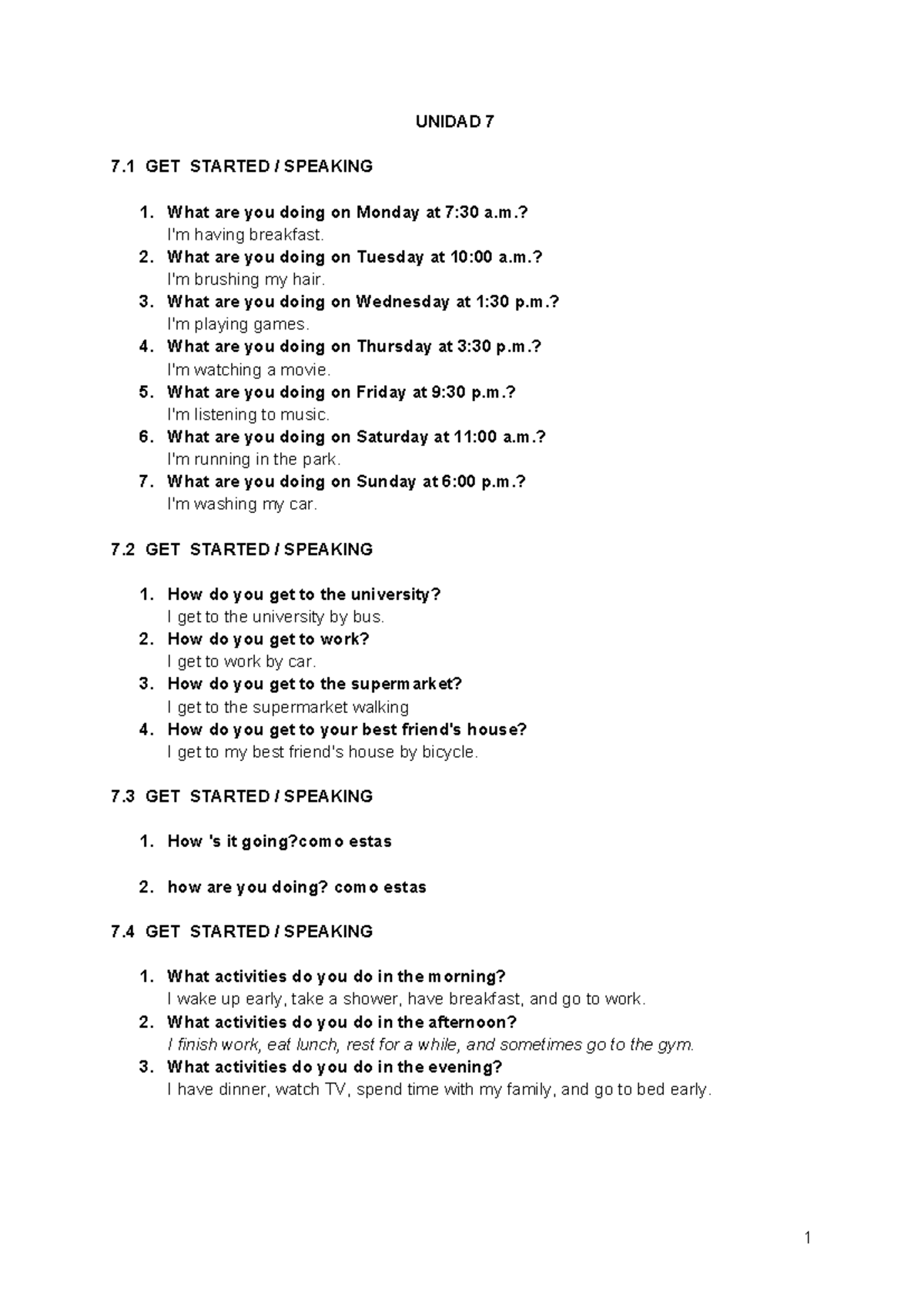Inglés Beginner: Unidad 7 - Speaking Practice Activities - Studocu