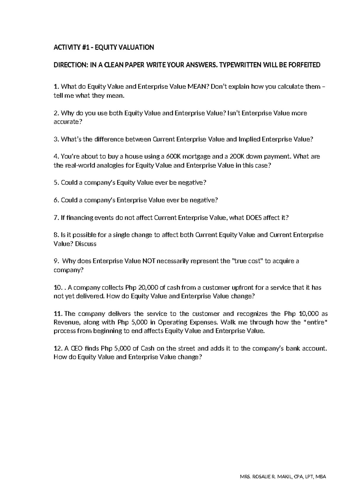 Activity 1 - Equity Valuation (FIN 301) - Understanding Key Concepts ...