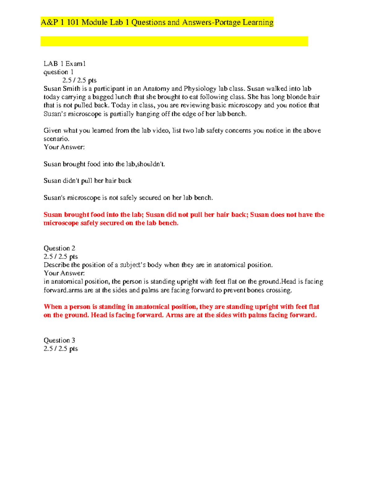 A&P 1 101 Lab 1 Exam Questions & Answers - Portage Learning - Studocu