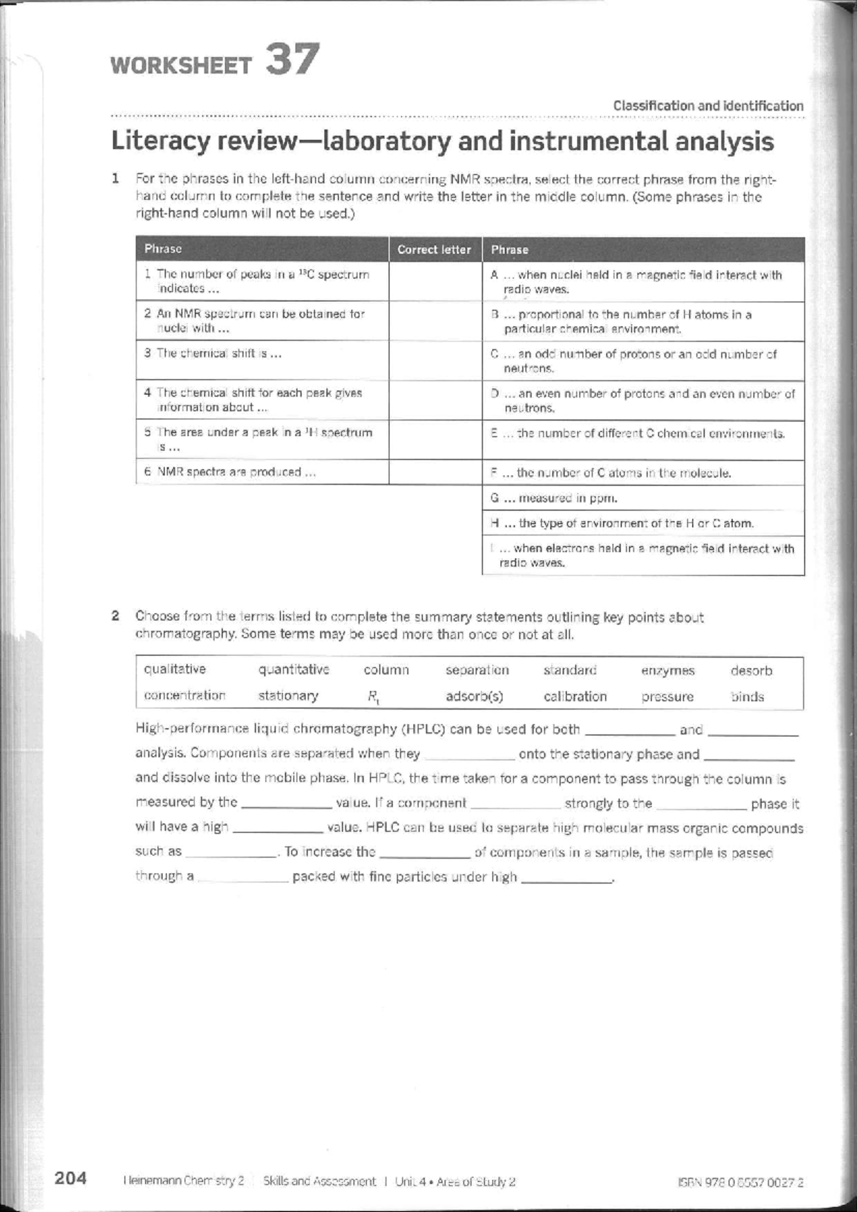 Worksheet 37 Literacy review laboratory and instrumental analysis ...