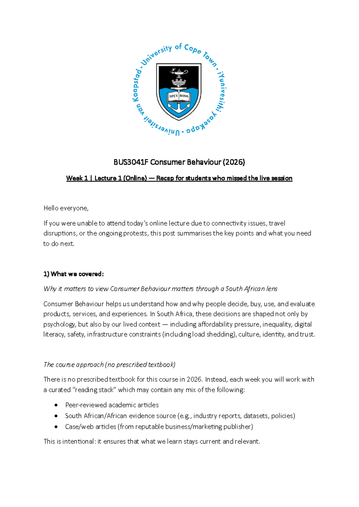BUS3041F Consumer Behaviour Week 1 Lecture Recap - Studocu