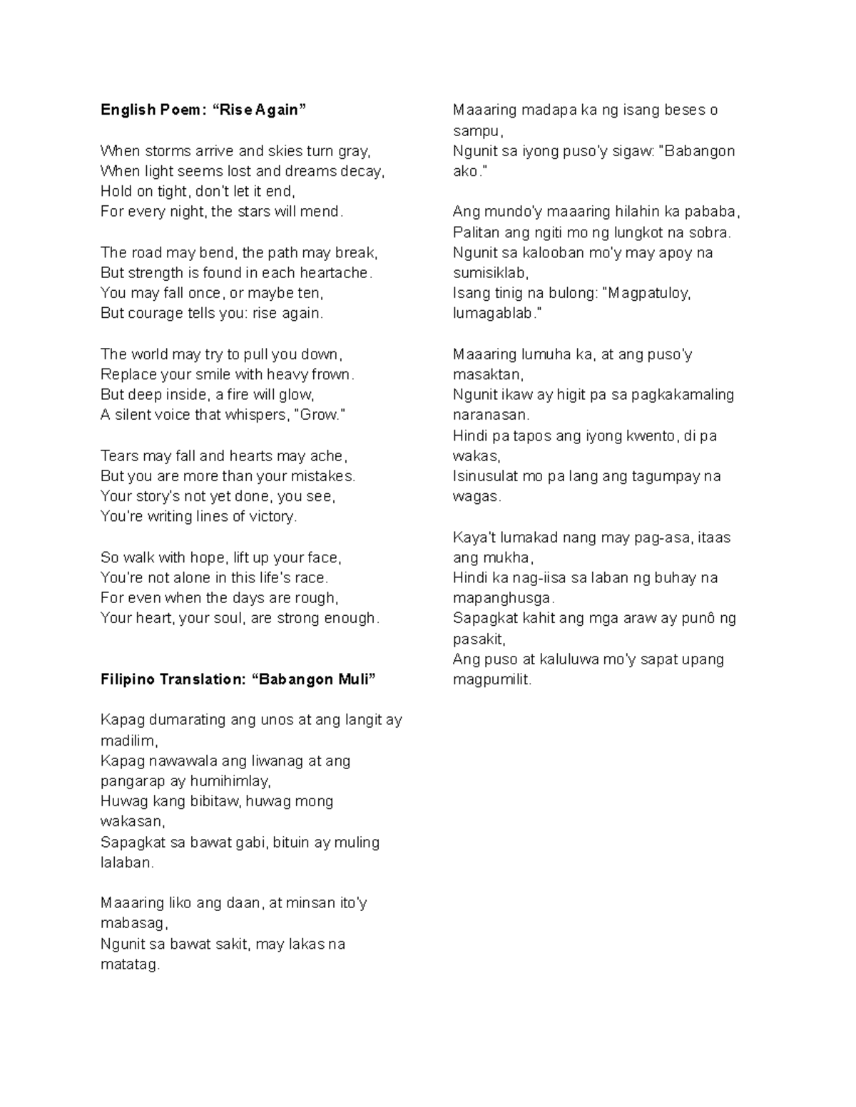 English and Filipino Poems and Speeches: A Study Guide (ENG101) - Studocu
