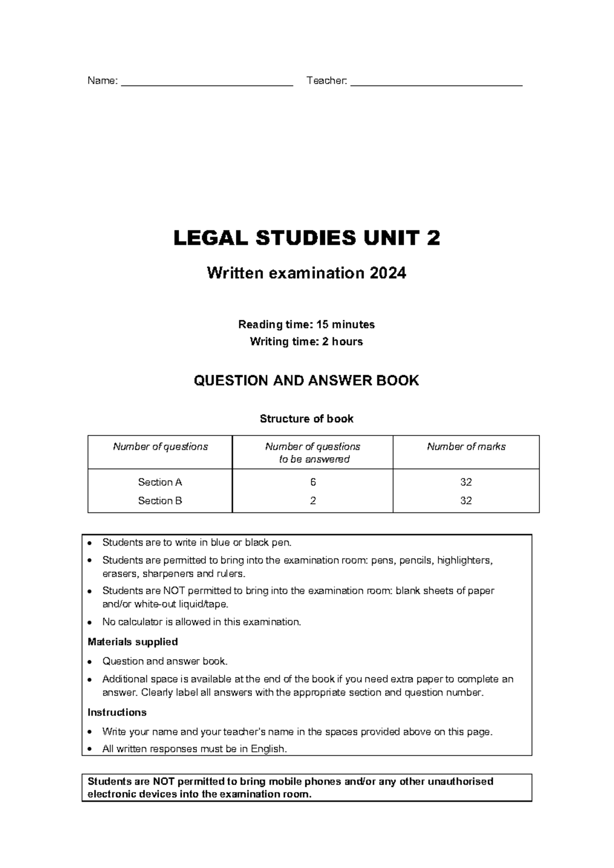 2024 LEGAL STUDIES UNIT 2 Practice Exam Guide - Studocu
