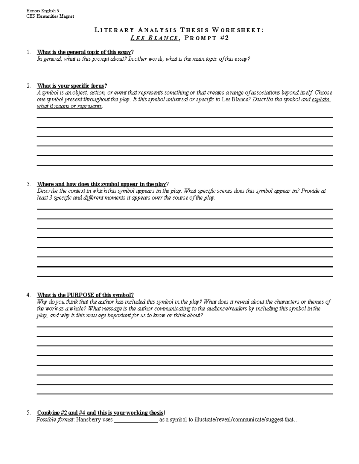 Honors English 9 CHS Humanities Magnet Literary Analysis Thesis ...