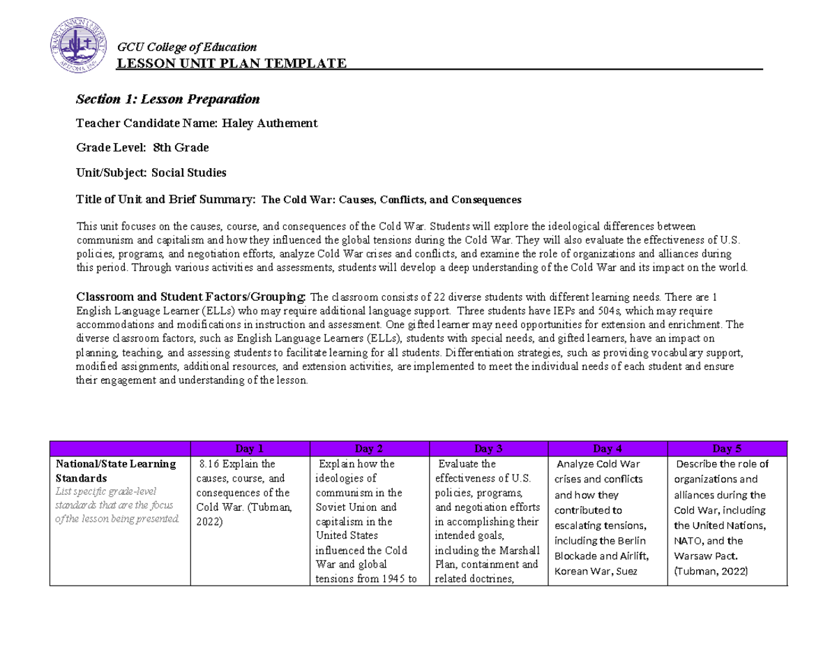 8th Grade Social Studies 5-Day Lesson Plan on The Cold War: 351 - Studocu
