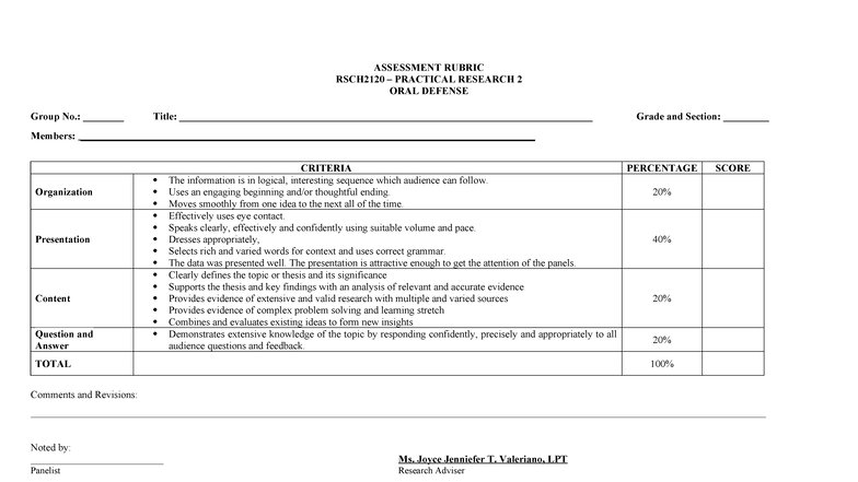 ORAL DEFENSE RUBRIC RSCH2120 PRACTICAL RESEARCH 2 - Studocu