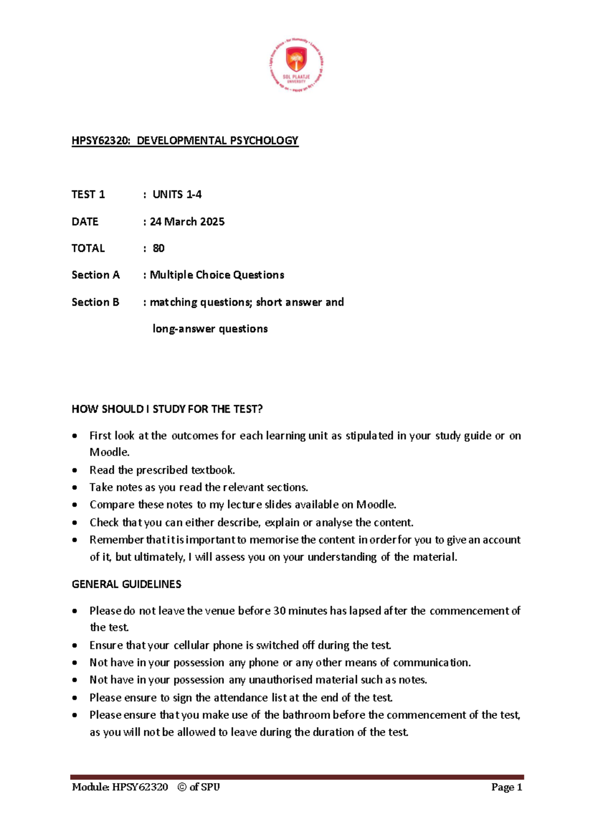 HPSY62320 Developmental Psychology Test 1 Study Guide 2025 - Studocu