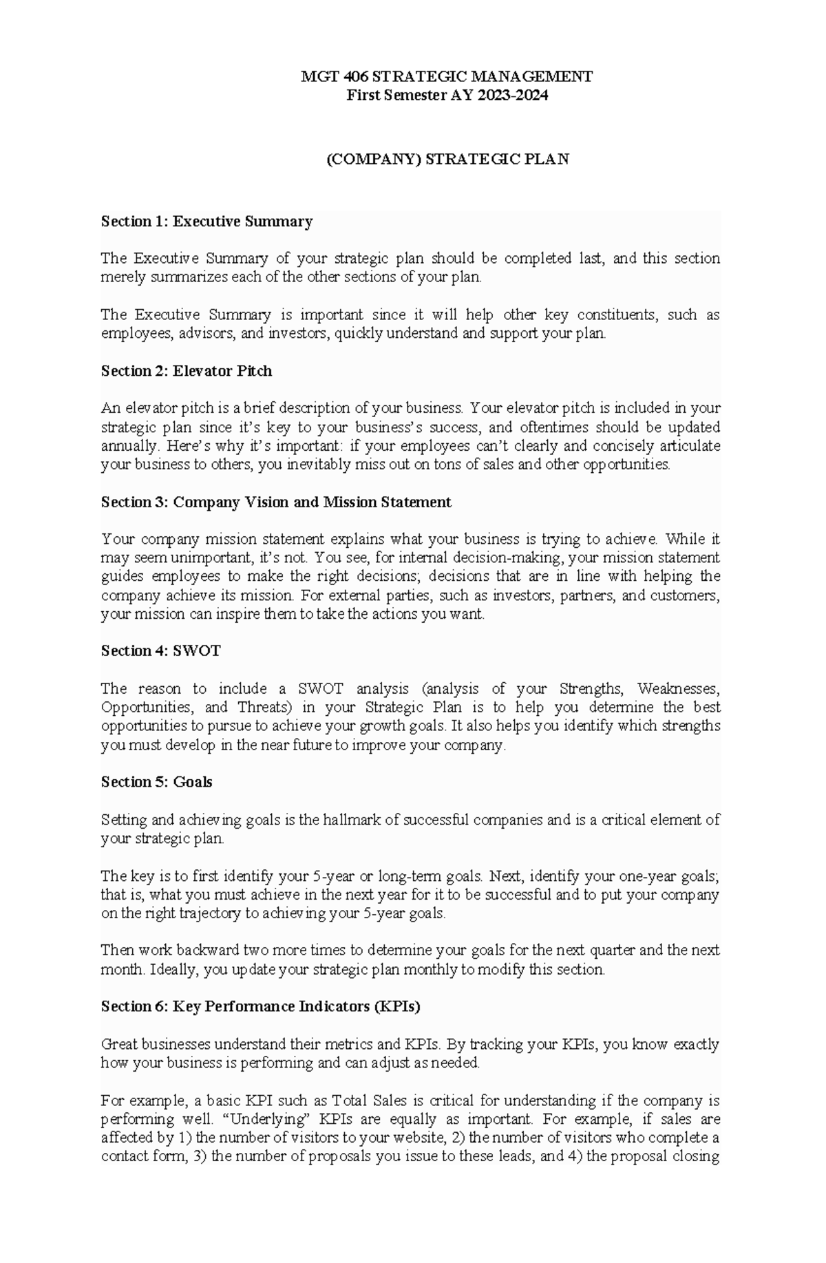 Strategic-Plan-Format - MGT 406 STRATEGIC MANAGEMENT First Semester AY ...