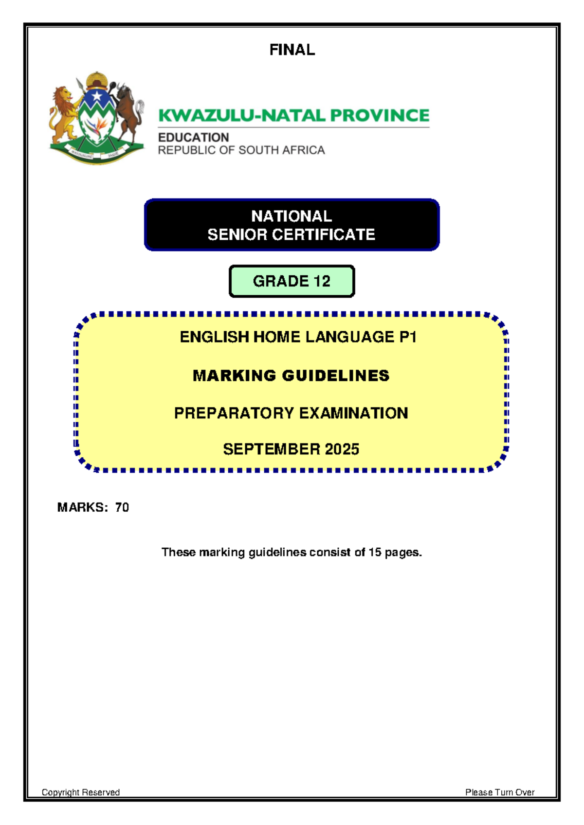 FINAL MARKING GUIDELINES FOR GRADE 12 ENGLISH HL P1 SEPT 2025 - Studocu