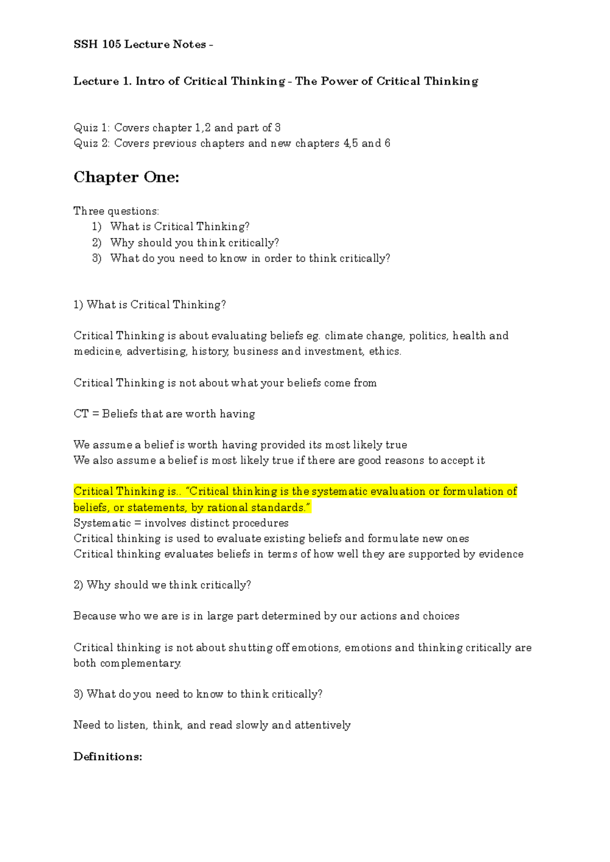 SSH - 105 - Critical Thinking - ####### Lecture 1. Intro of Critical ...