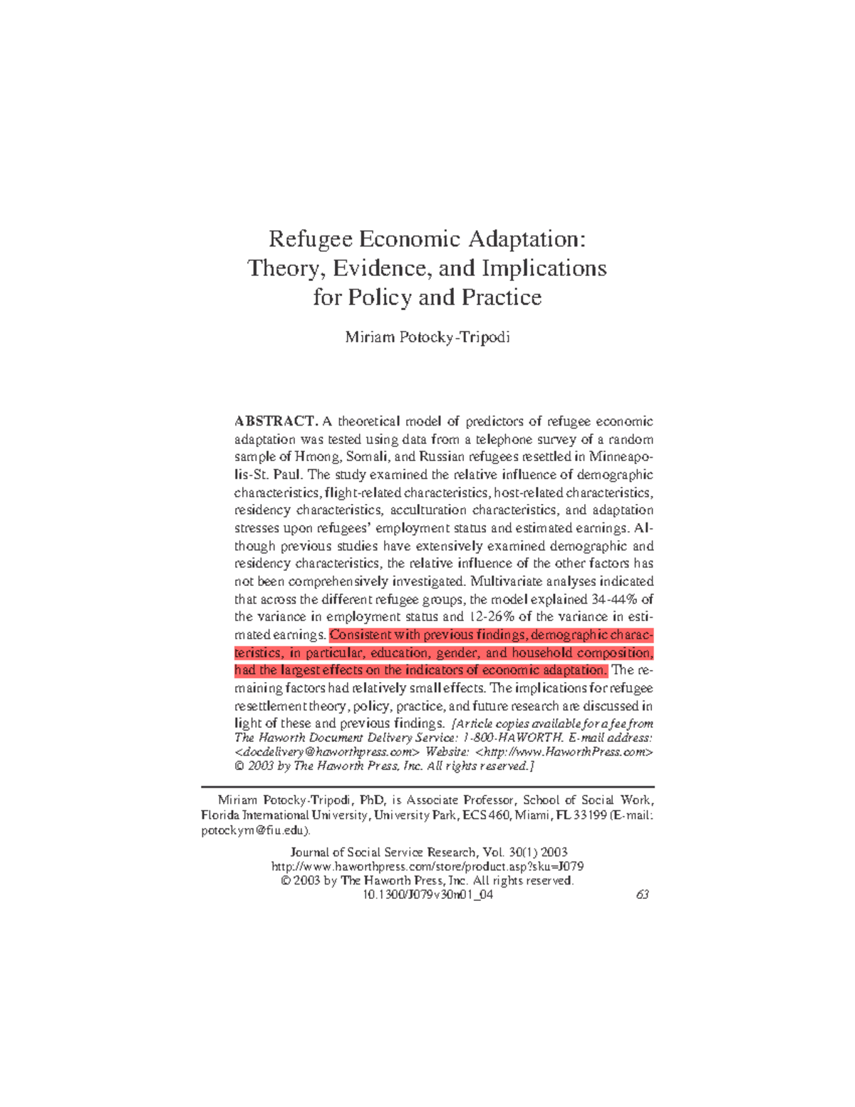 Refugee Economic Adaptation: Theory and Evidence from 2003 Study - Studocu