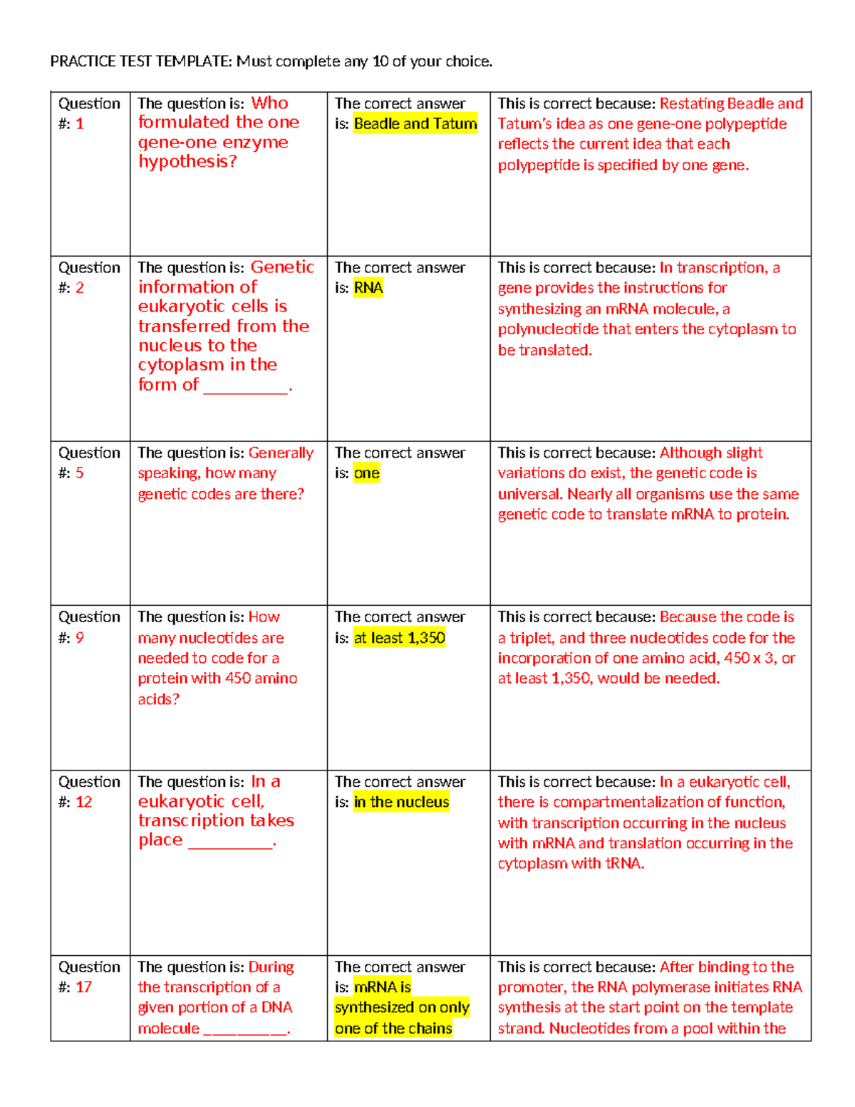 BIO101: Practice Test Template - Choose Any 10 Questions - Studocu