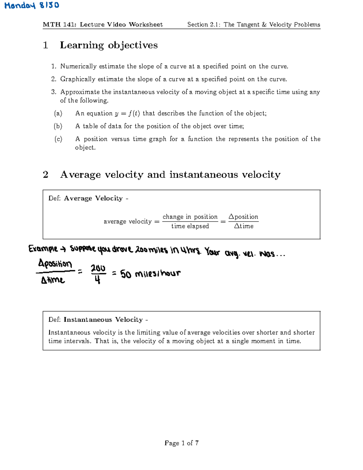MTH 141 - Lecture Video Worksheet on Tangent & Velocity Problems - Studocu