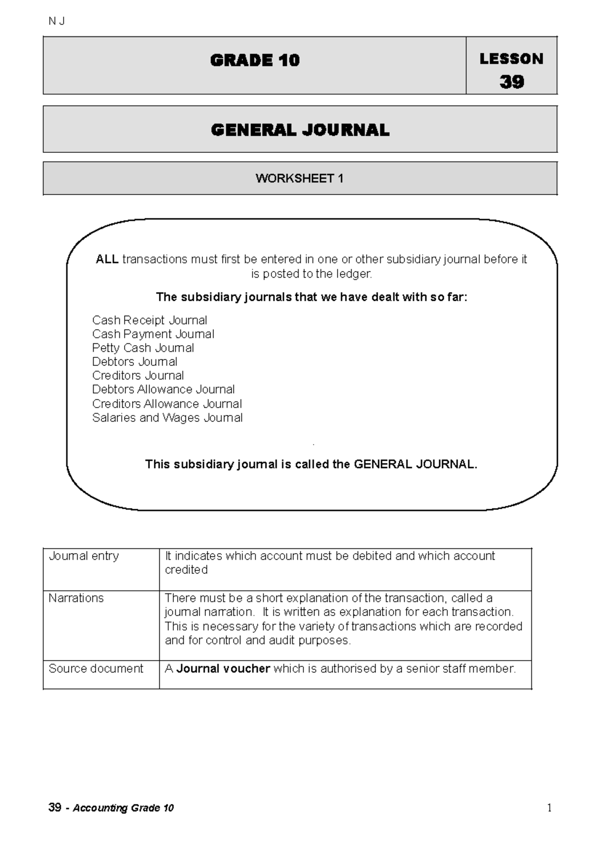 39 Accounting Grade 10 General Journal Lesson Notes and Transactions ...