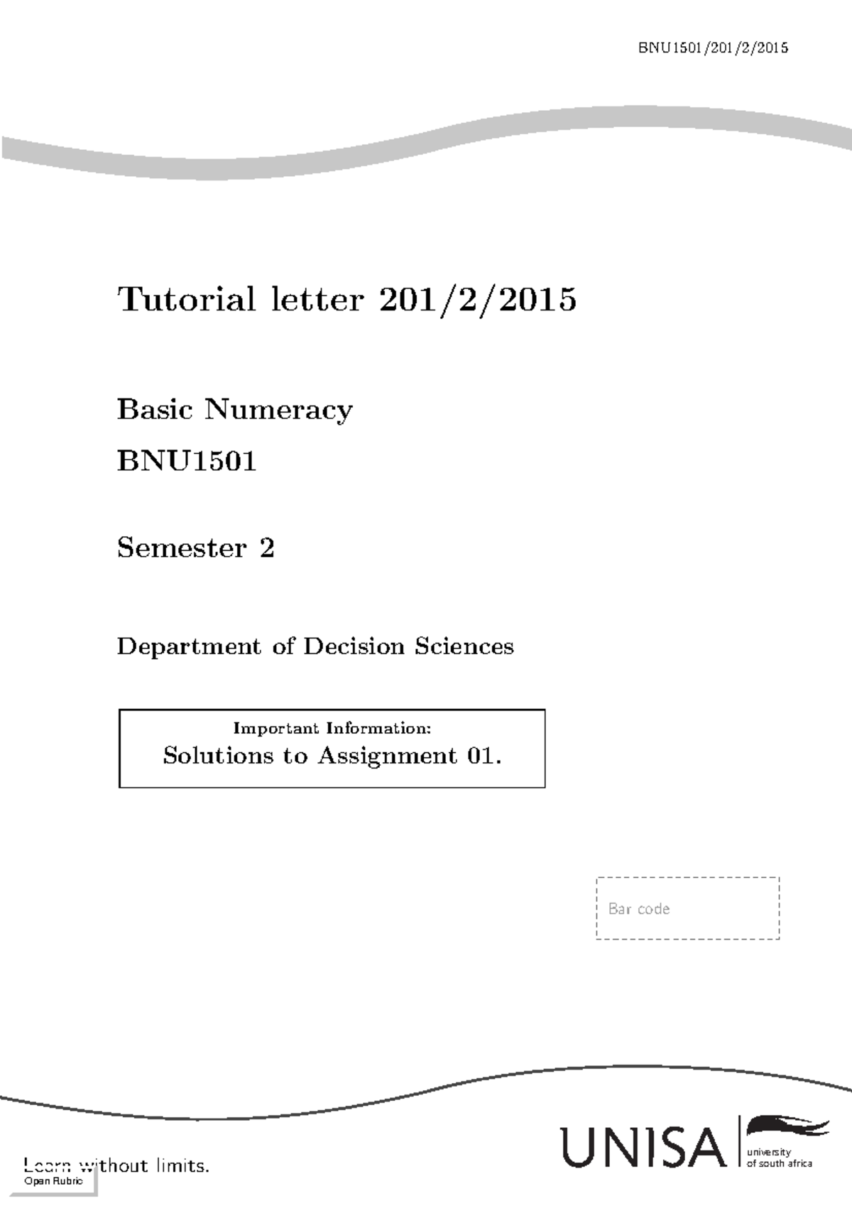 BNU- Assignment 01 Solutions S2 - Tutorial letter Basic Numeracy ...