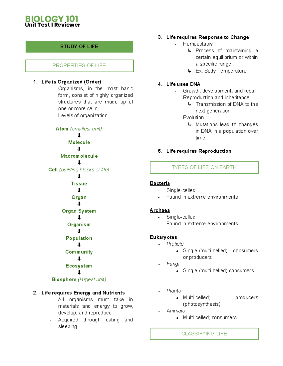 BIO 101 - Unit Test 1 Study Guide Notes on Life and Properties - Studocu