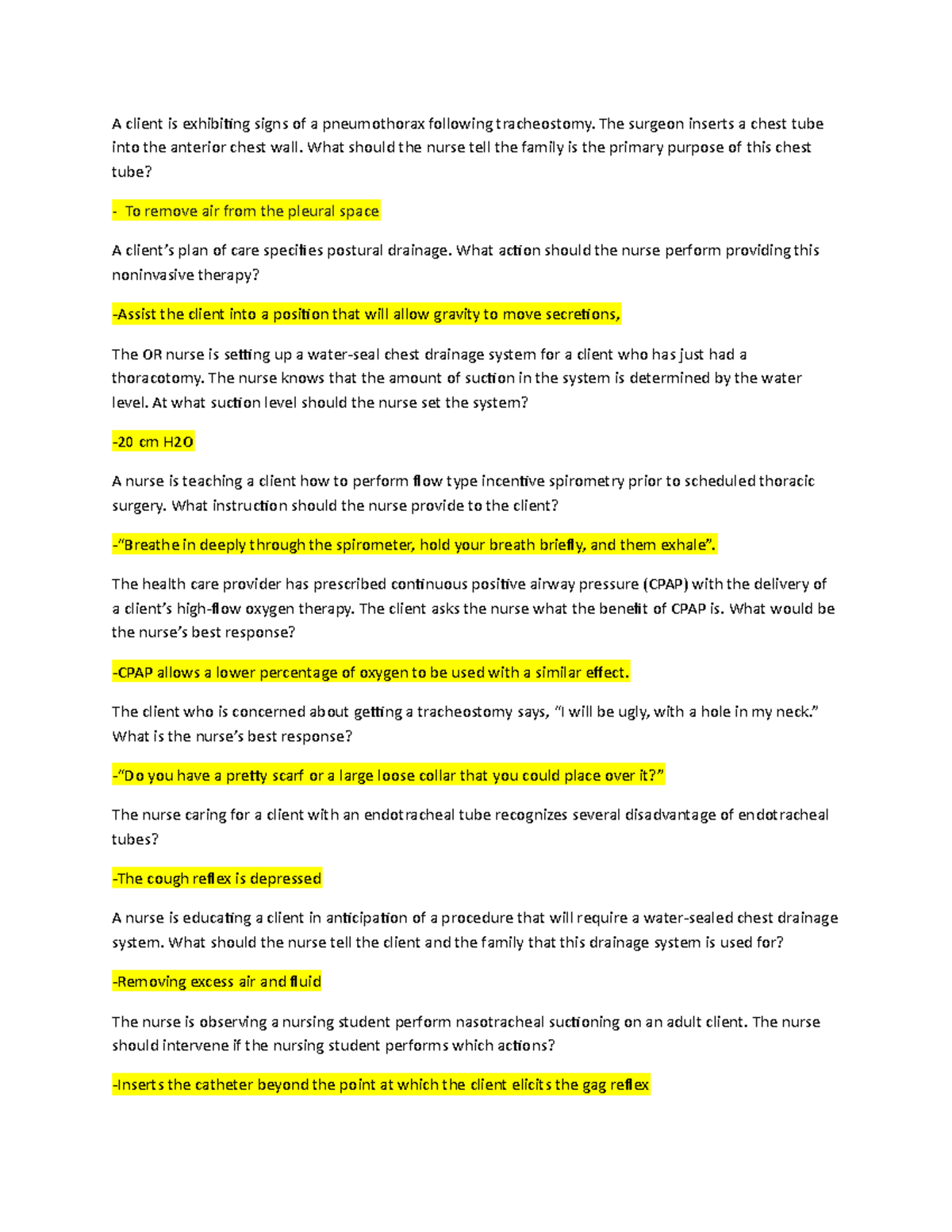 Medsurge Practice Questions - Chest Tubes and Endotracheal Care - Studocu