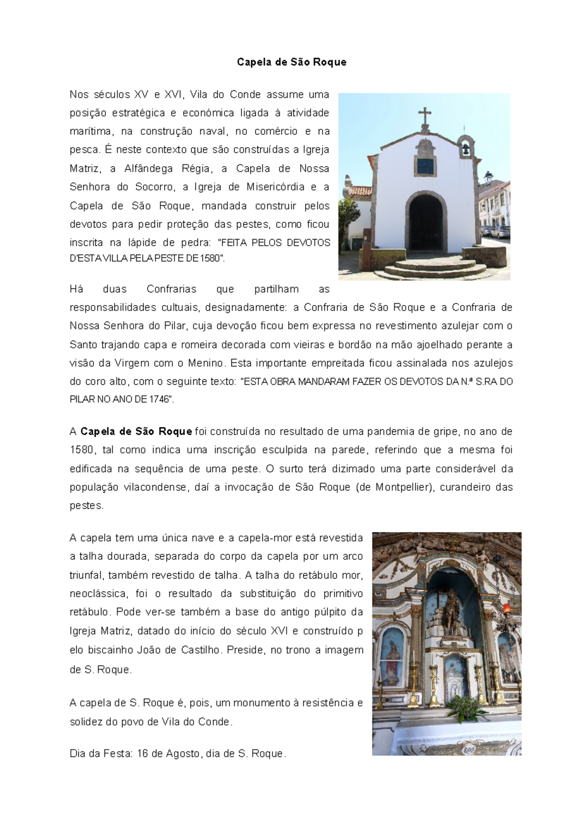 Capela de São Roque: História e Significado em Vila do Conde - Studocu