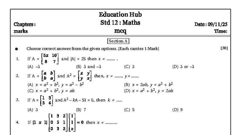 Std 12 Maths MCQ Practice: Chapters & Marks Section A - Studocu
