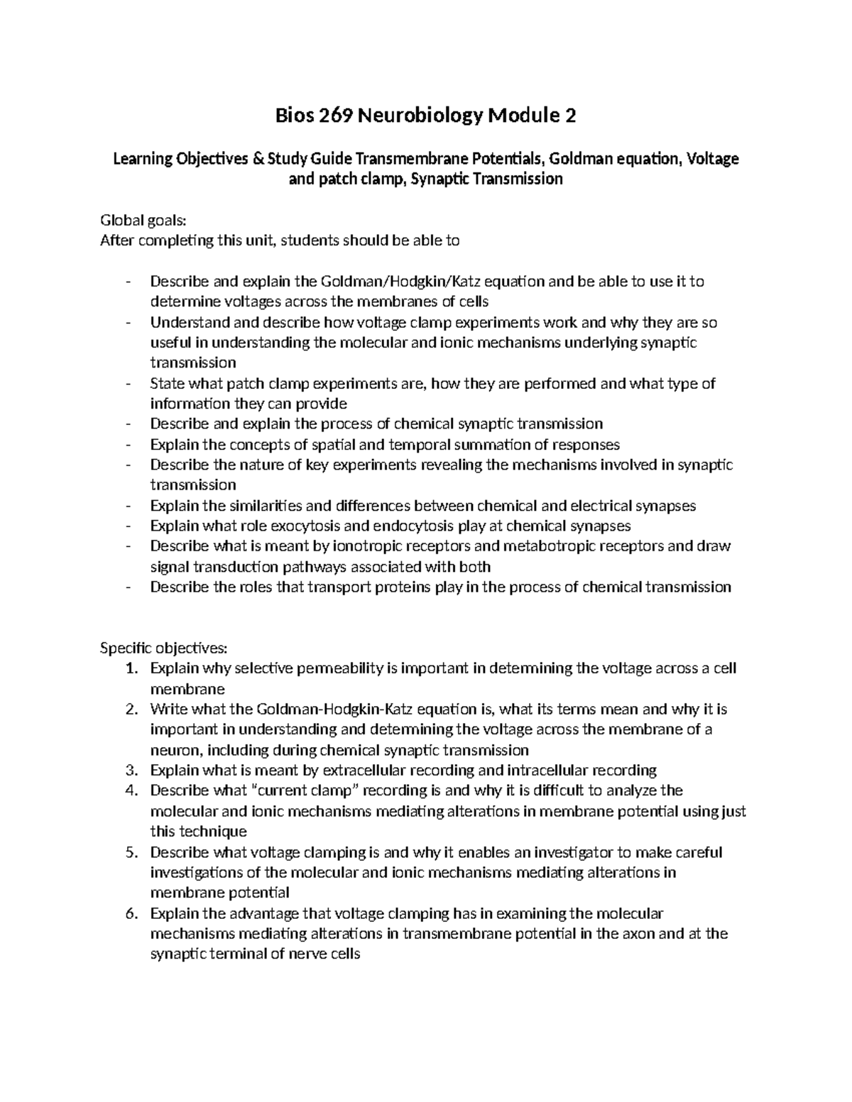 Bios 269 Neurobiology - Study Guide on Voltage & Patch Clamp Techniques ...