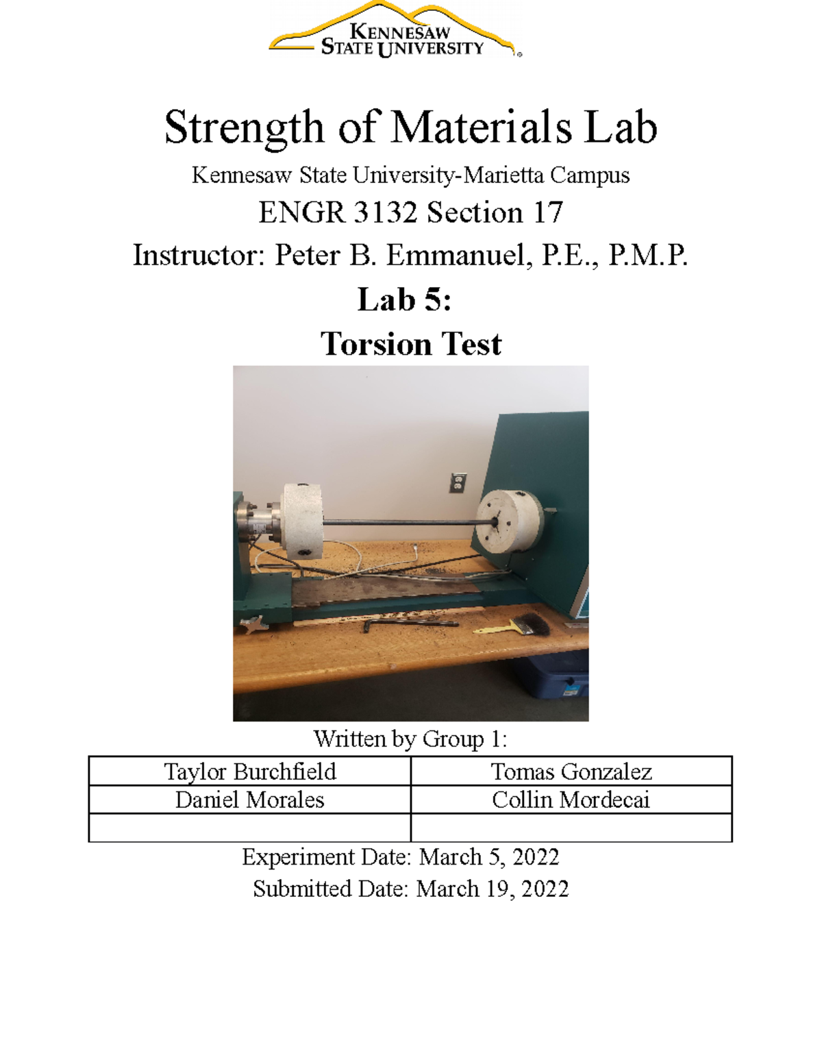 Lab 5 Report: Torsion Test Results Using Tinius Olsen Machine (ENGR ...