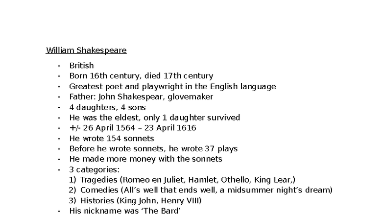 William Shakespeare: A Study of His Life and Works (ENG 101) - Studocu