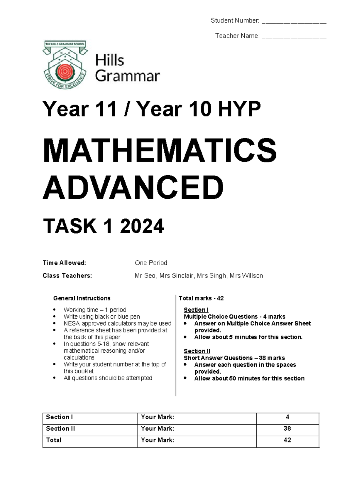 2024 Year 11 HYP Mathematics Advanced Task 1 Assessment - Studocu