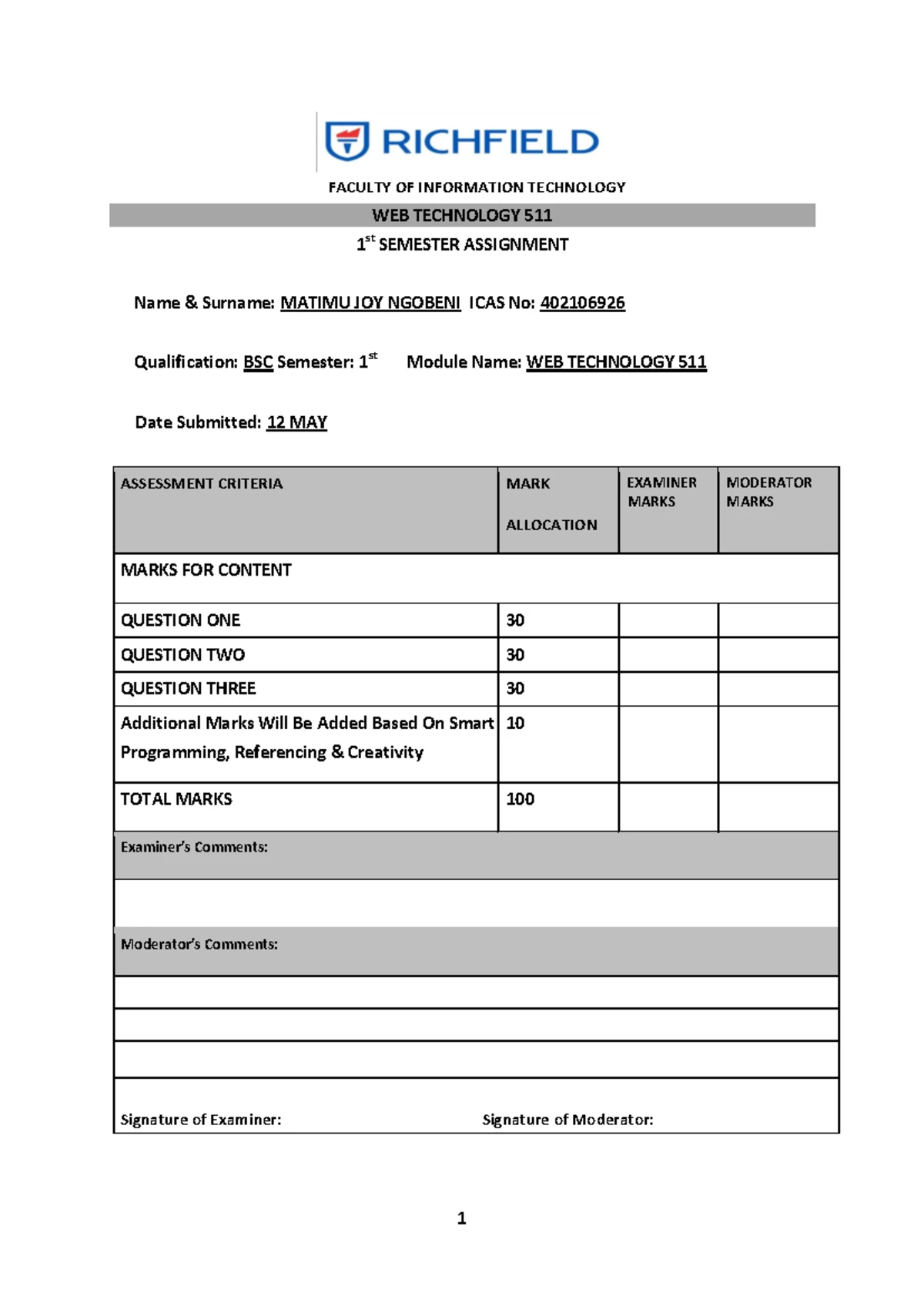 Richfield College Bursary Application Letter and Achievement ...