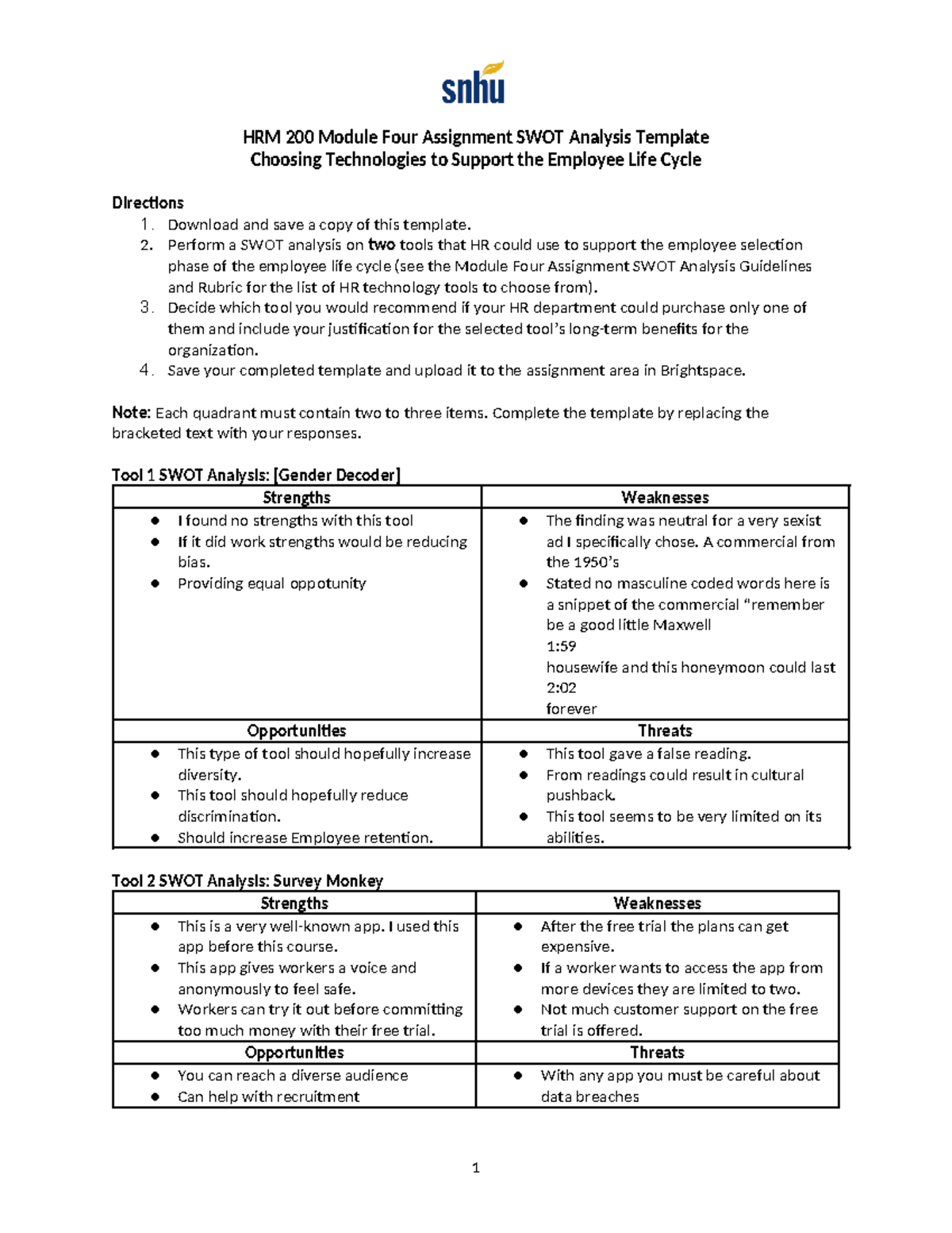 SWOT Analysis of HR Tools for Employee Life Cycle - HRM200 Homework ...