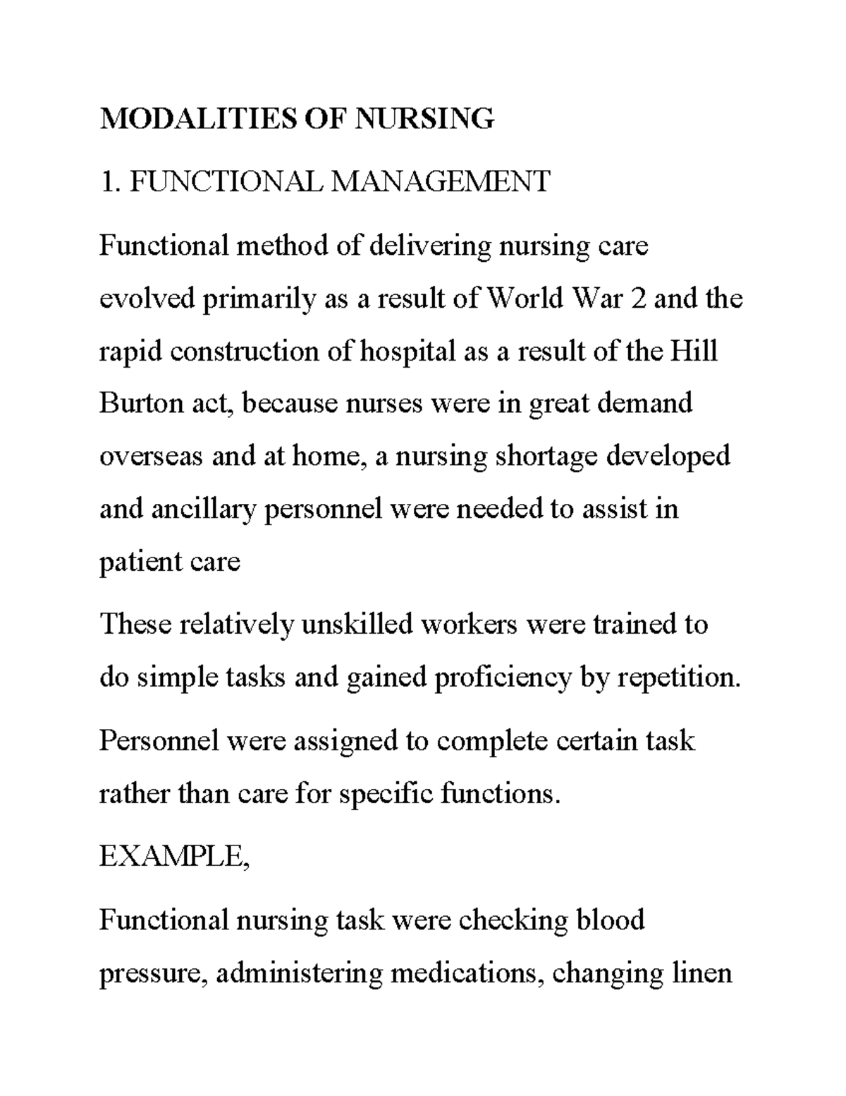 NURS 101: Functional Management in Nursing Care Modalities - Studocu