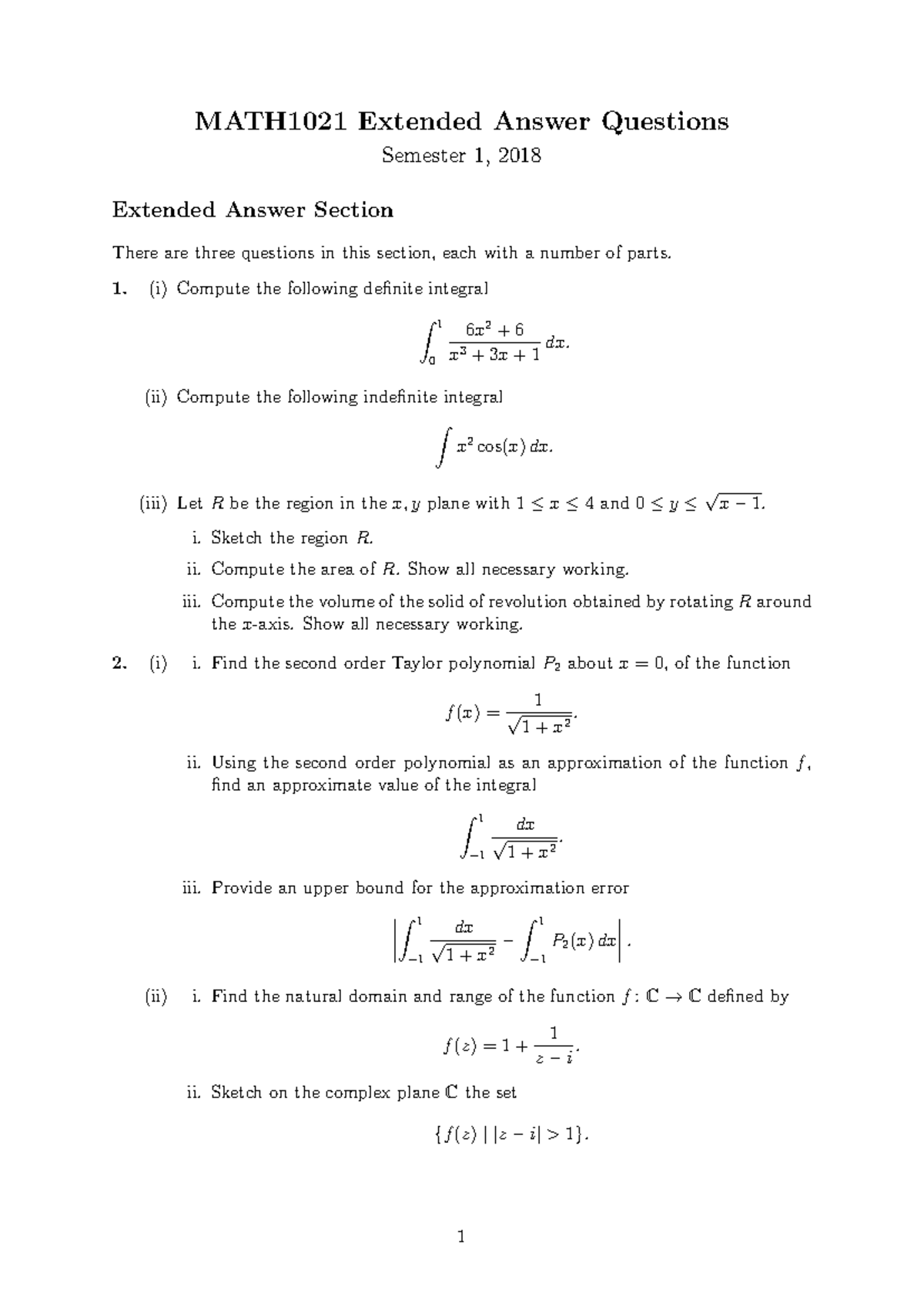 MATH1021 Extended Answer Questions - Semester 1, 2018 - Studocu