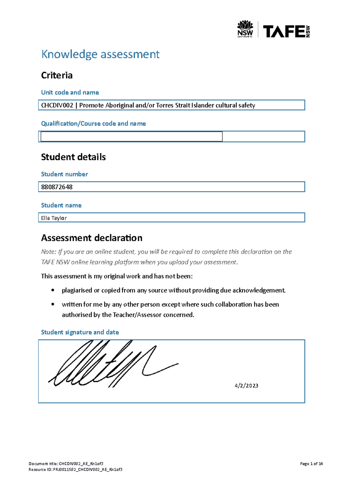 CHCDIV002 Knowledge Assessment 1 of 3 - Aboriginal Cultural Safety ...