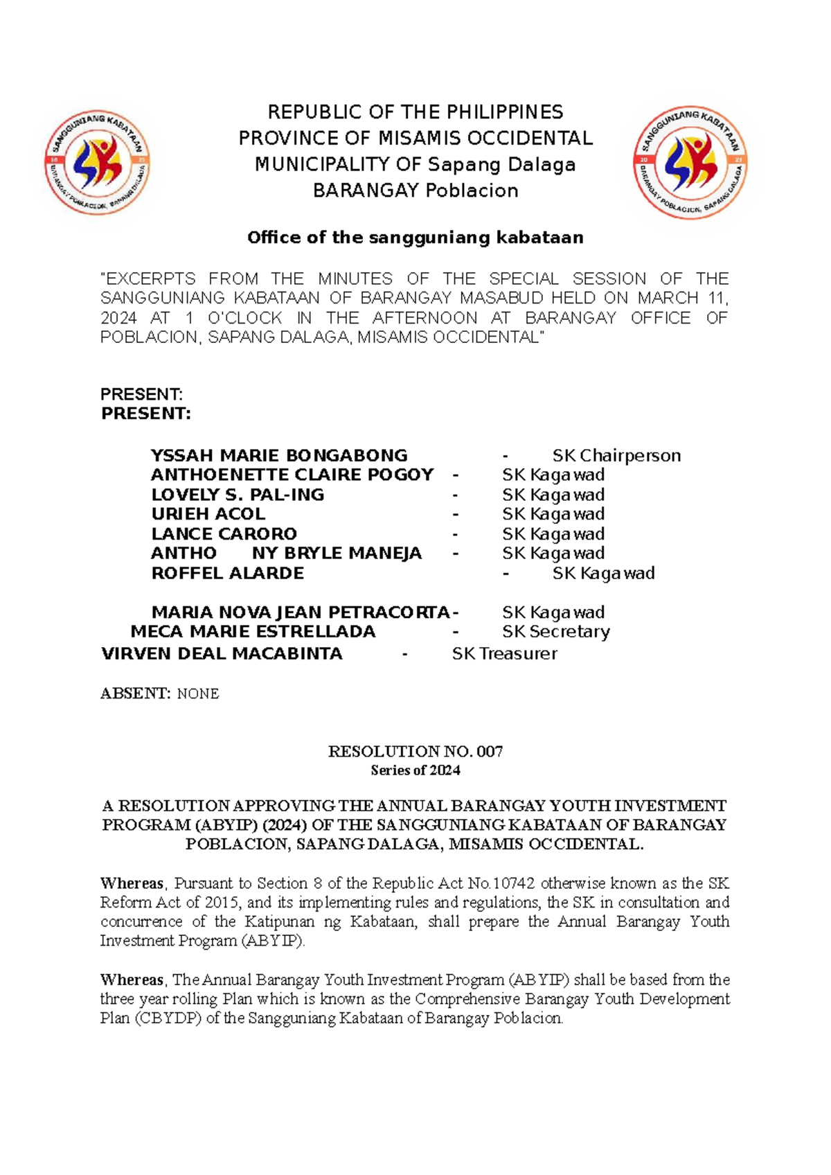 Resolution No. 007: AIP Approval for SK of Barangay Poblacion 2024 ...