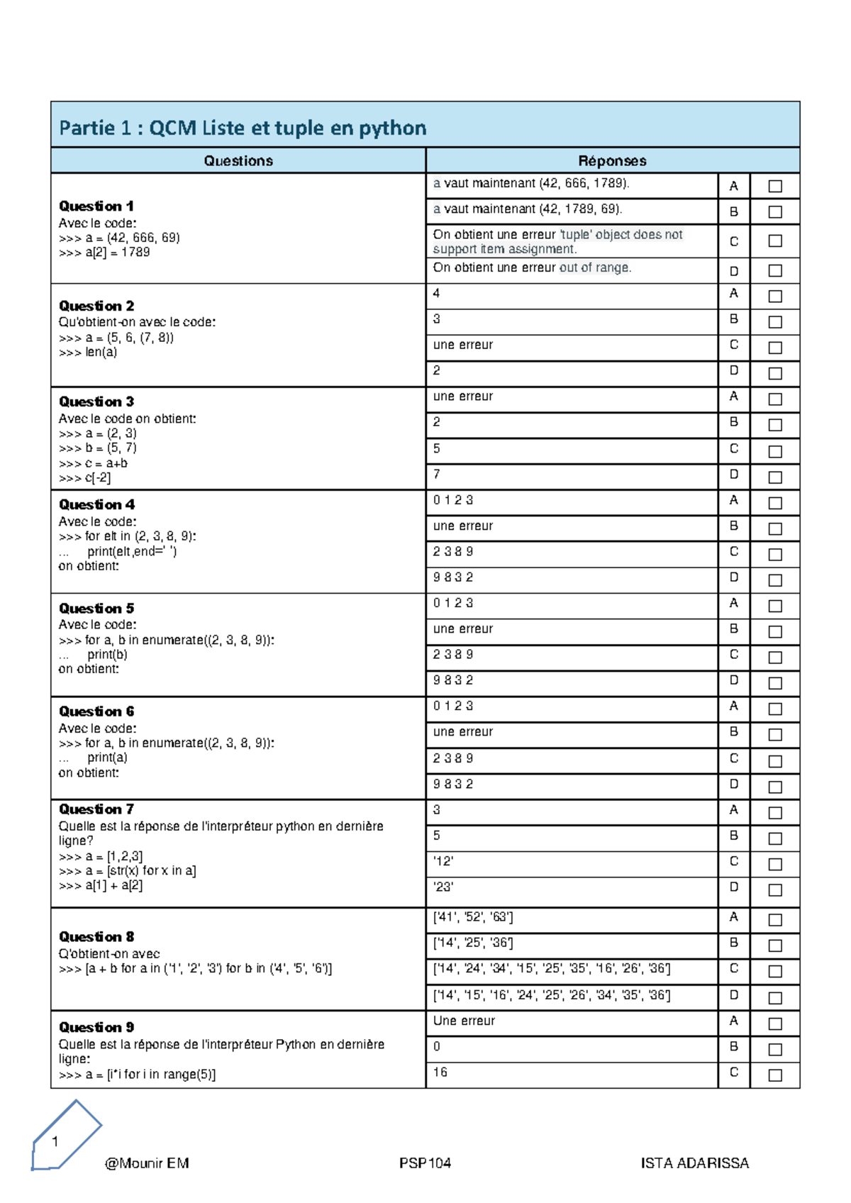 QCM Liste et Tuple en Python - PSP104 ISTA ADARISSA - Studocu