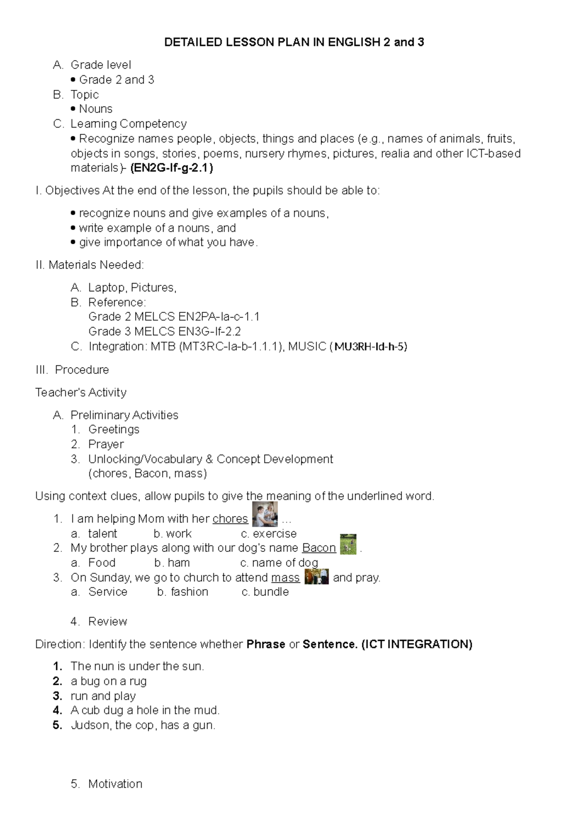 Detailed Lesson Plan on Nouns for English 2 & 3 - Studocu