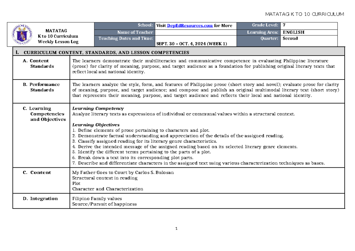 DLL Matatag English 7 Q2 W1 Weekly Lesson Plan on Prose and ...