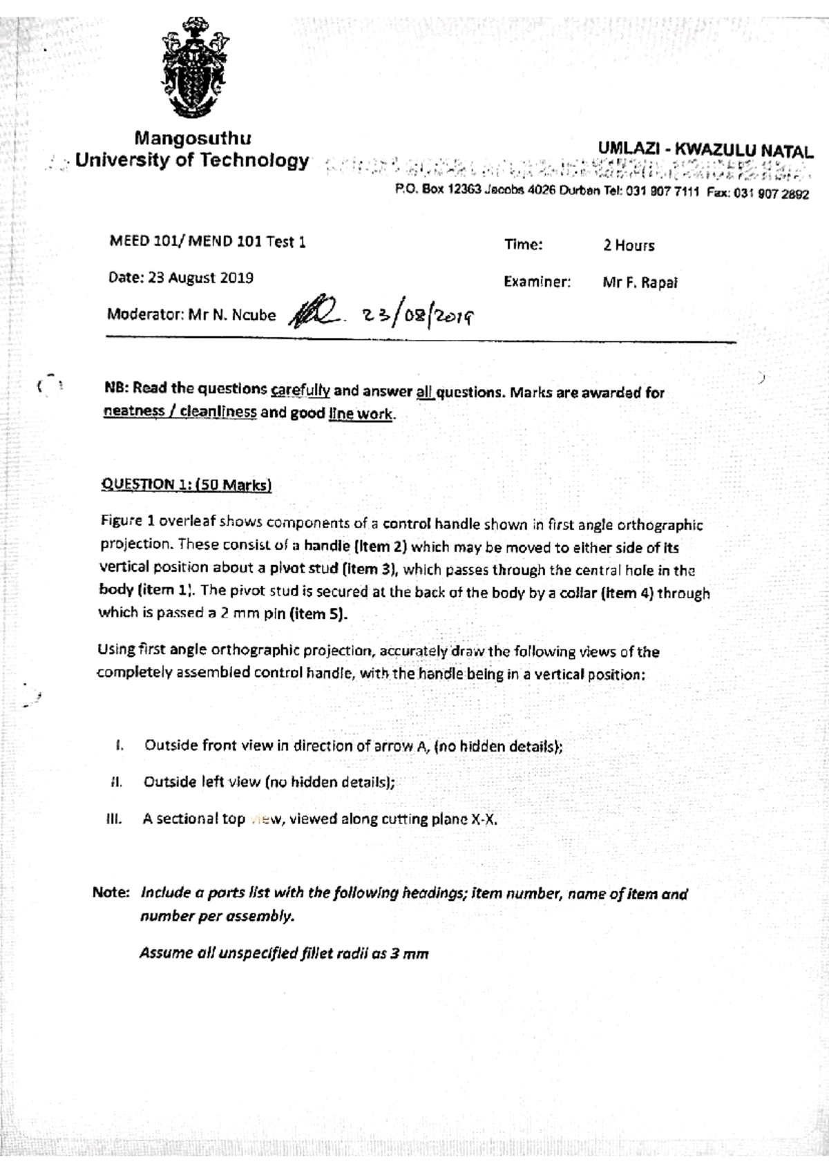 MEED 101 Engineering Drawing Test 1: Control Handle Projection Details ...